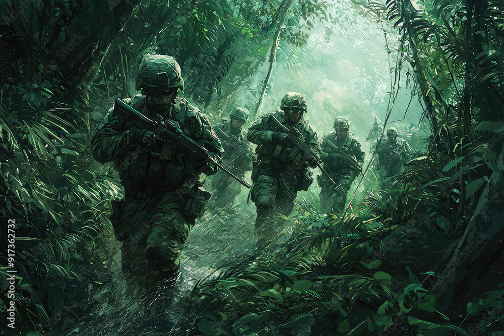 Braving the wilderness: A squad of soldiers advances cautiously through dense and humid jungle ...