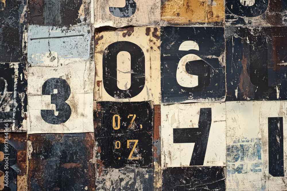 Intriguing collage features various large, bold numbers and letters on ...