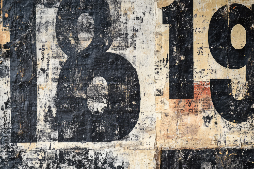 Aged and weathered scrapbook paper with large, bold black numbers 18 ...