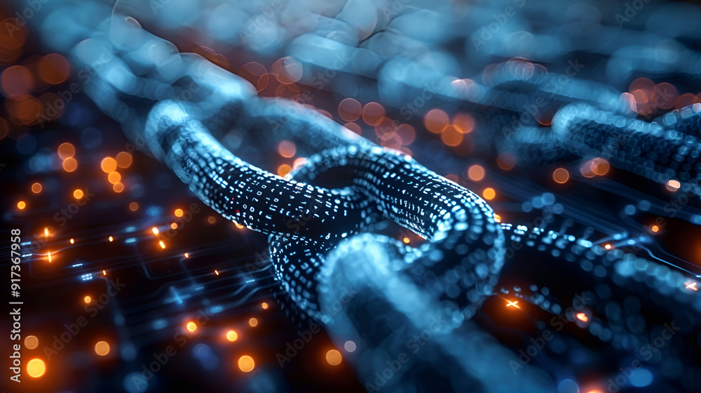 Interlinked chains set on a digital background, representing the ...