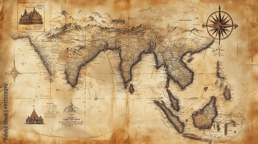 A vintage-style map of Thailand with old paper texture and historical ...