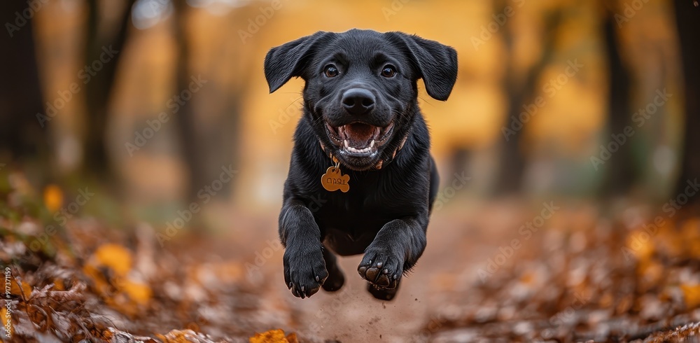 Black Labrador Running in Forest with Wood Stick, Happy and Excited ...