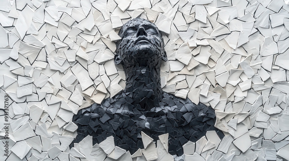 A figure in a fetal position surrounded by sharp, abstract shapes ...