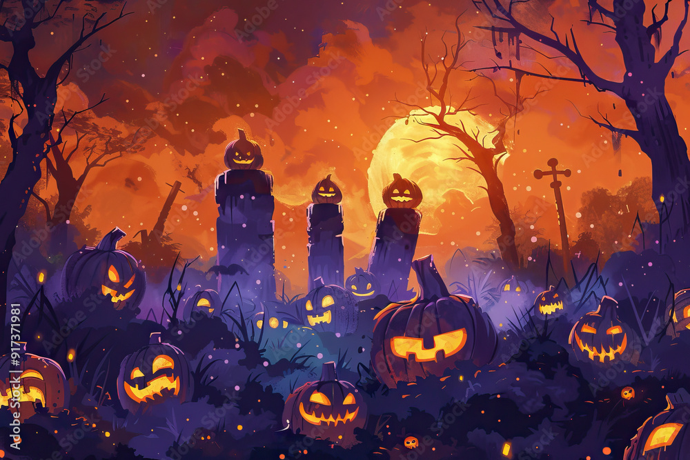 Spooky Halloween night in a haunted pumpkin patch with glowing jack-o ...