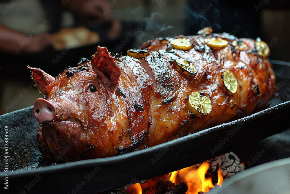 Succulent roasted whole pig with crispy skin adorned with lime slices ...