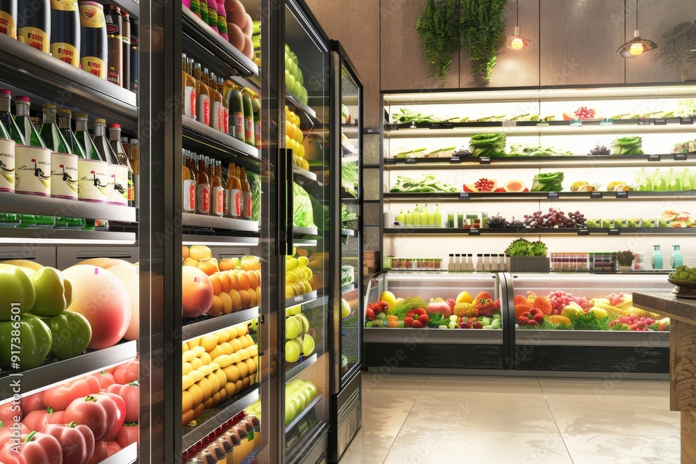 Brightly lit grocery store with neatly arranged fresh produce and ...