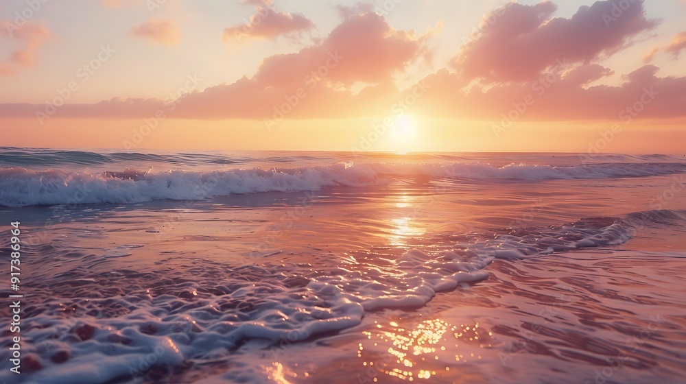 sunset over a quiet beach, gentle glow on soft waves 32k, full ultra hd ...