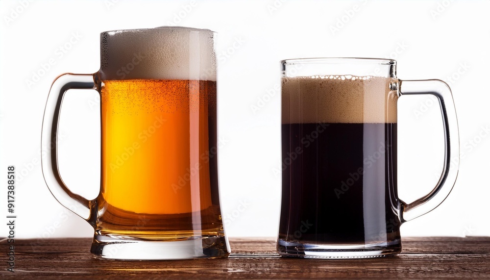 two mugs full of chopp one with pilsen chopp and one with dark chop on ...