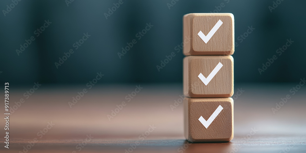 Project and goals tracking concept, Correct sign mark on wooden blocks ...