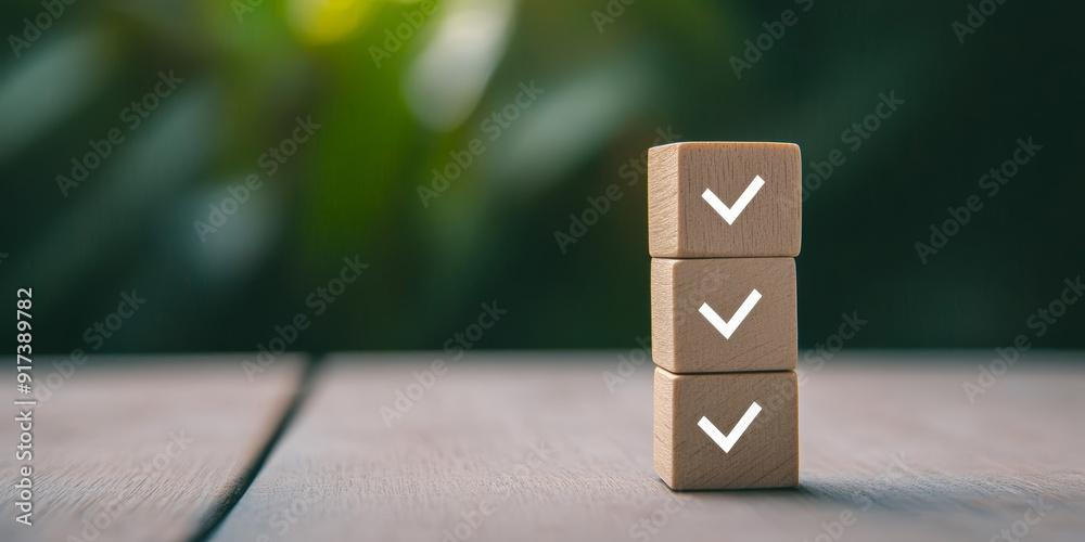 Project and goals tracking concept, Correct sign mark on wooden blocks ...