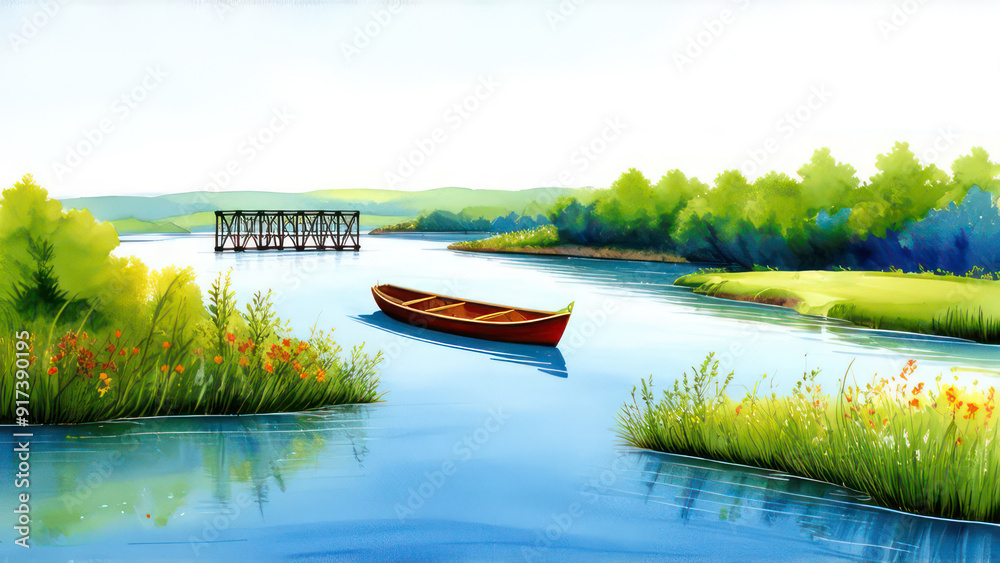 Card with a flowing river theme, featuring watercolor blues and greens ...