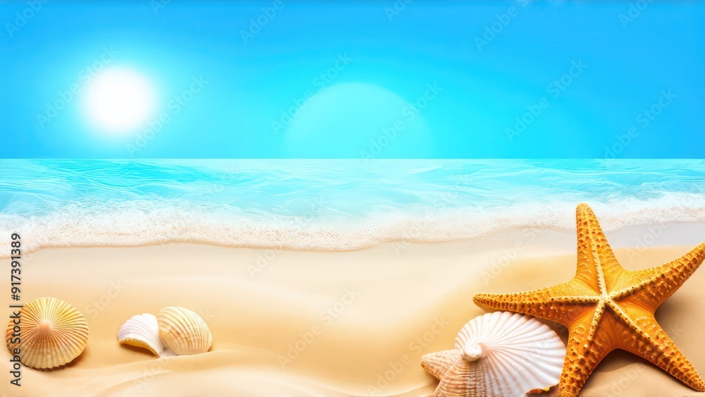 beach-themed card with soft blue and sandy tones, featuring seashells ...