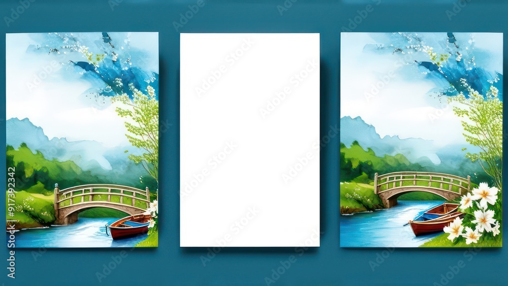 Card with a flowing river theme, featuring watercolor blues and greens ...