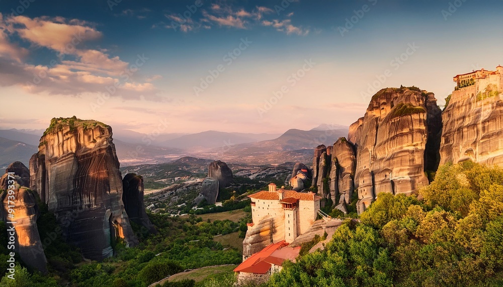 monasteries of meteora greece built on huge rocks in a beautiful ...