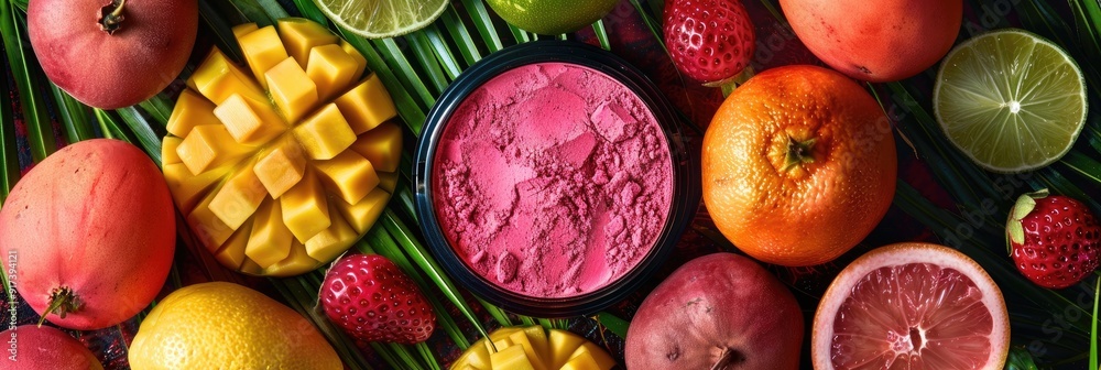 Pink compact powder surrounded by vibrant fruits in a private company ...