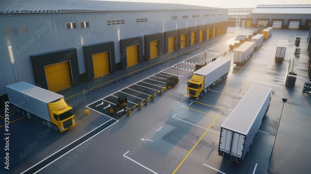 Logistics hub with trucks queued up in orderly lines outside a large ...