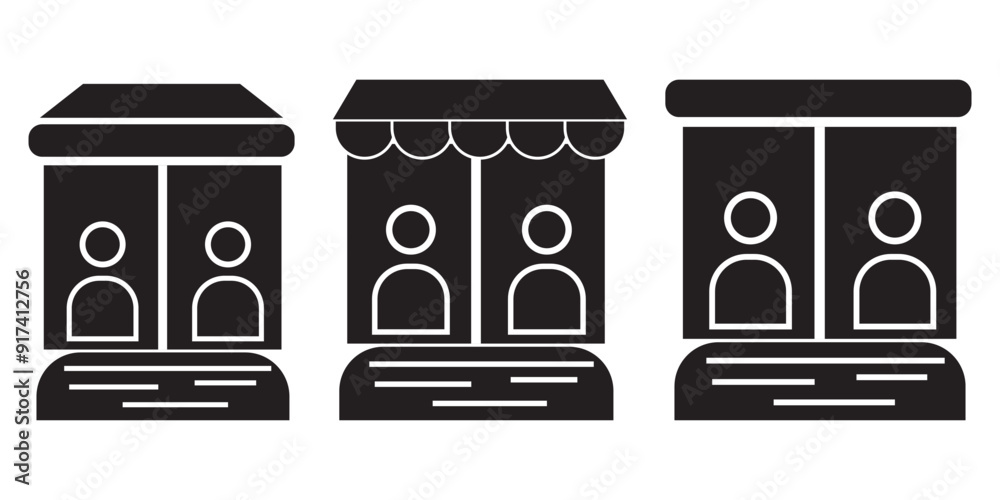 Sales booth icon set. promo information stall with man line sign. show ...