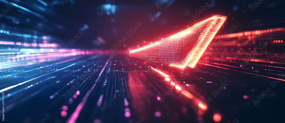 colorful digital arrows pointing right shaped by dynamic neon glowing ...