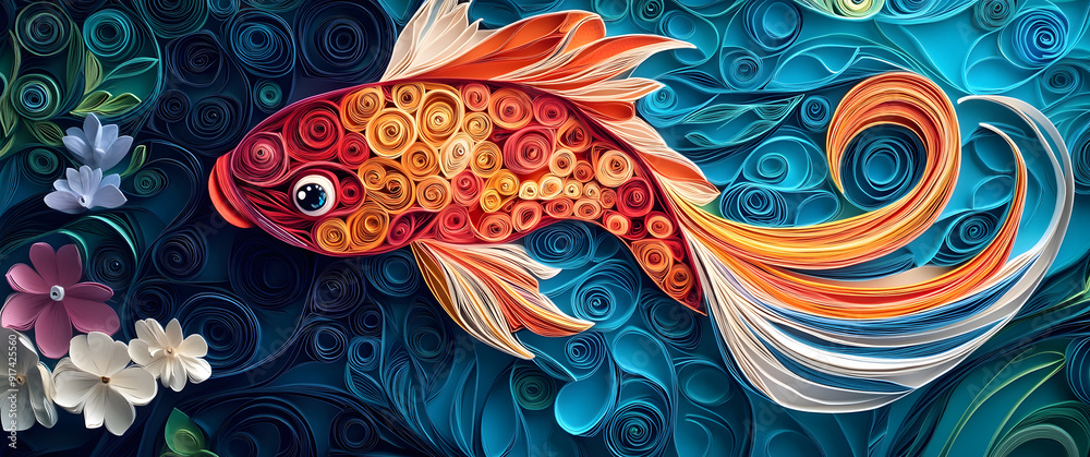 Paper quilling koi fish isolated on a blue background design Stock ...