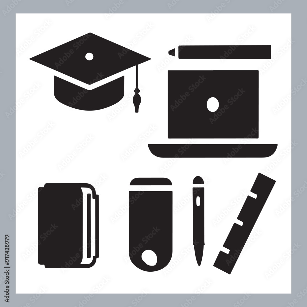 Set of logotype icons black school book, pen, pencil, calculator, clock ...