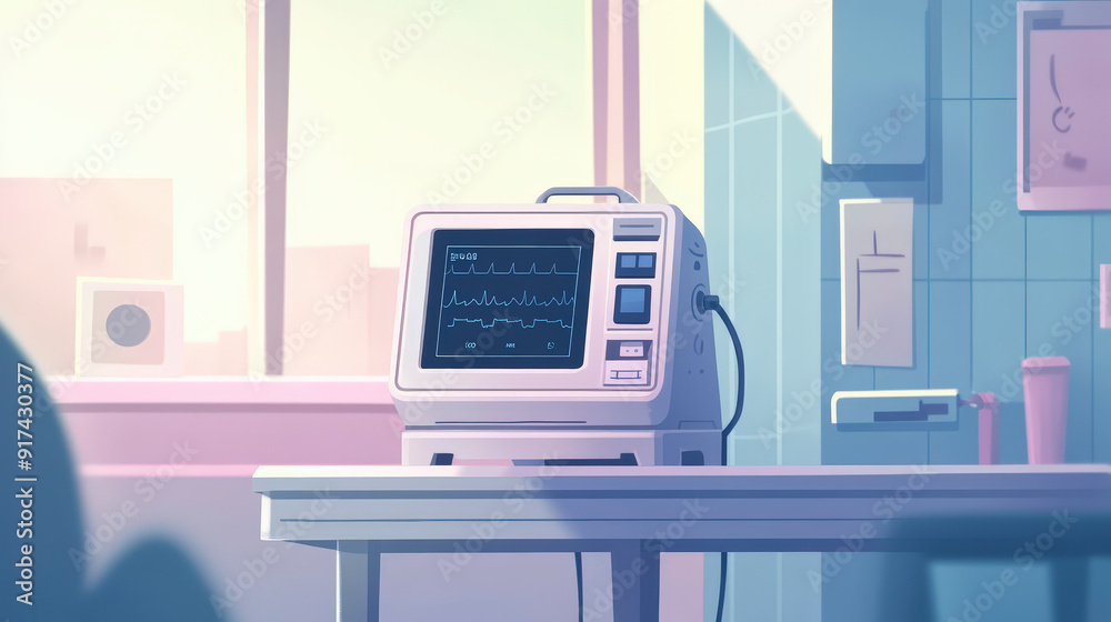 A digital heart monitor in a sunlit room, displaying vital signs on its ...