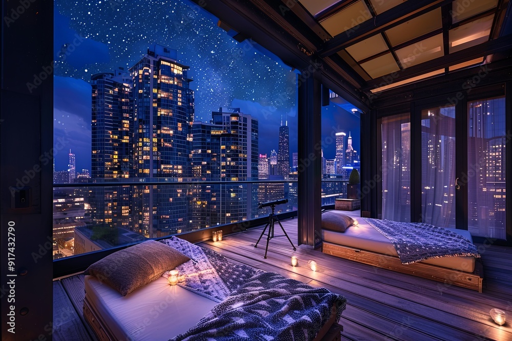 Elegant rooftop setting with ambient lighting for moonlit yoga and hot ...