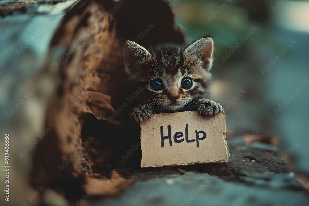 Cute Kitten Holding "Help" Sign Peeking Out from Tree Trunk Stock Photo ...