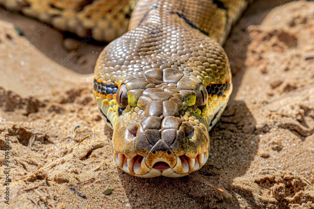 Dark Tiger Python Snake Head on table in a zoo. Close-Up. 4K ...