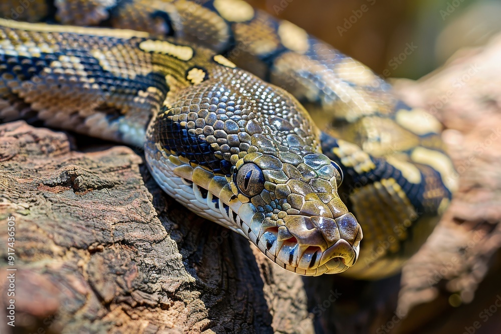 Dark Tiger Python Snake Head on table in a zoo. Close-Up. 4K ...