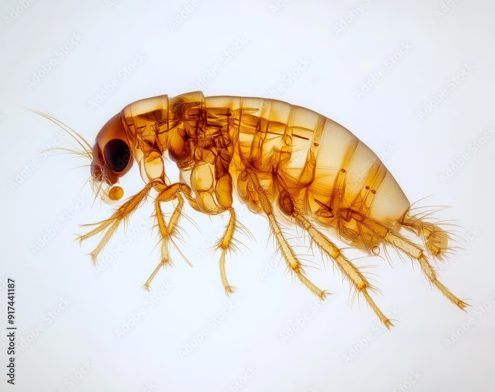Close-up of a flea under a microscope showing detailed anatomy and ...