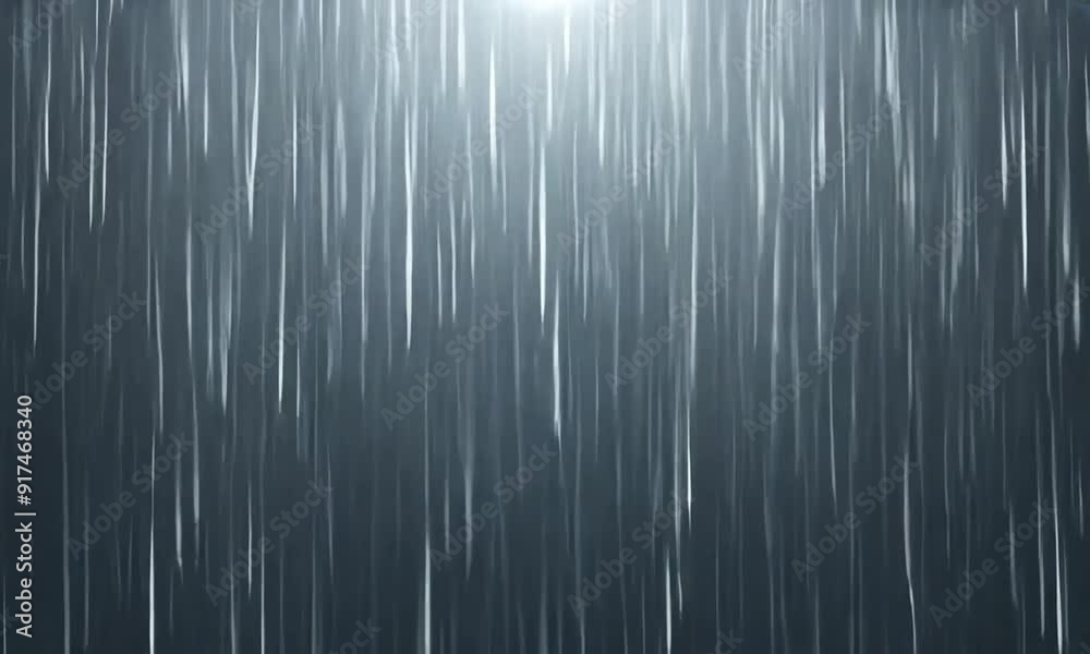 Falling raindrops footage animation in slow motion on dark black background with fog, lightened ...