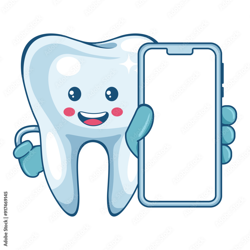 Cartoon of a tooth with mobile phone. Communication, notification and ...