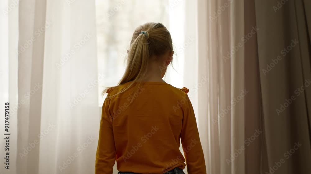 Back view little girl child going walk approach window kid daughter ...