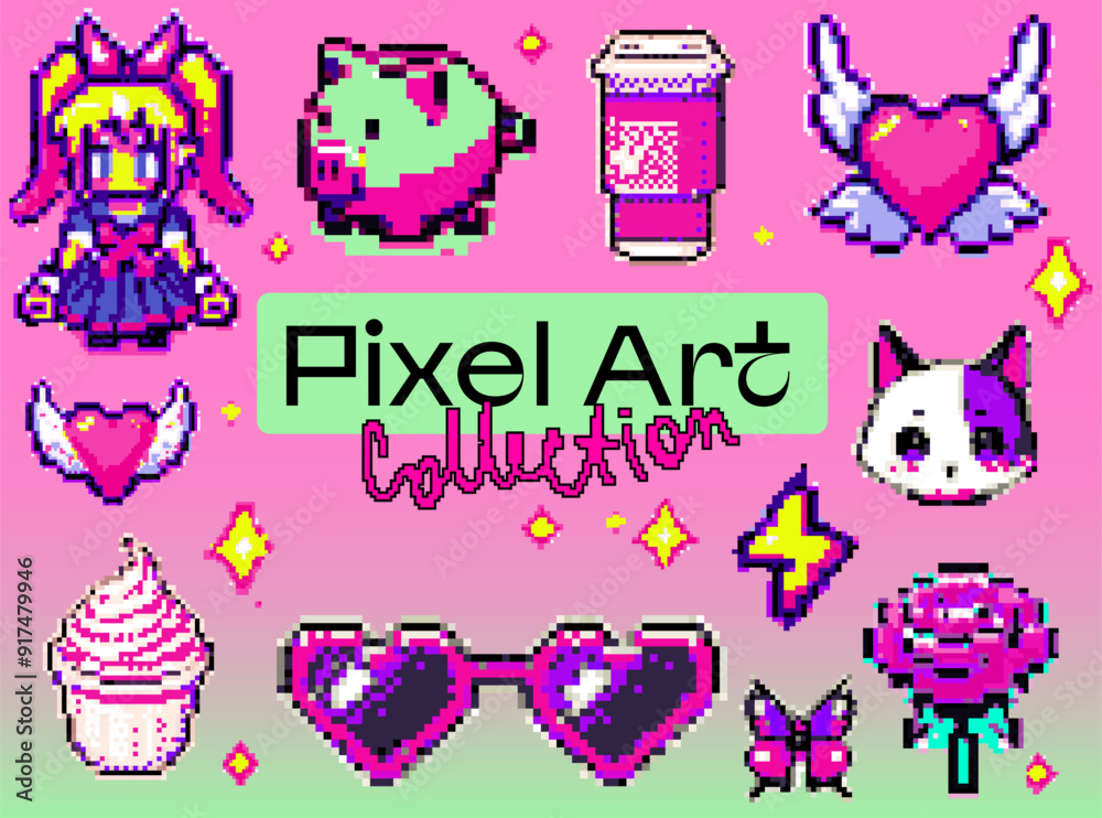 Large collection of pixel art stickers with cute cutesy illustrations ...