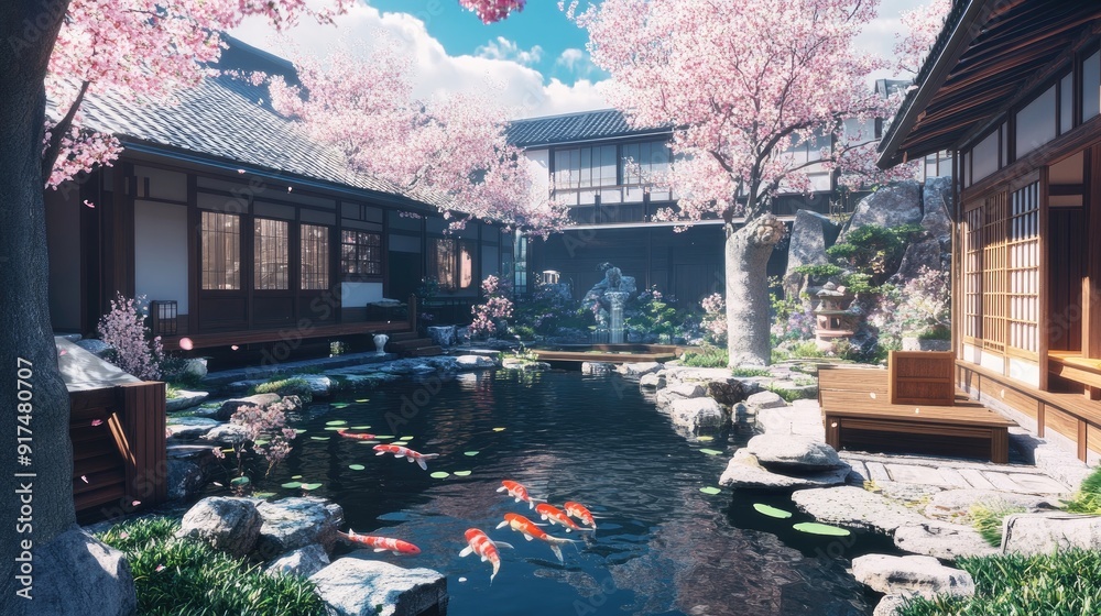 A peaceful backyard of a traditional Japanese house with a zen garden ...