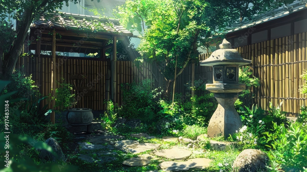 Anime-style backyard of a Japanese home featuring a traditional stone ...