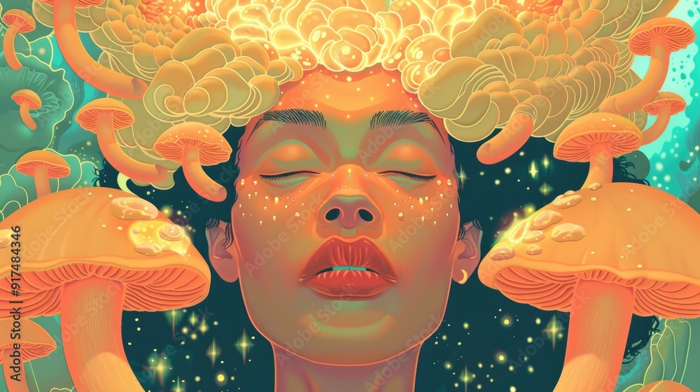 Whimsical psychedelic girl in a groovy cartoon world, surrounded by ...