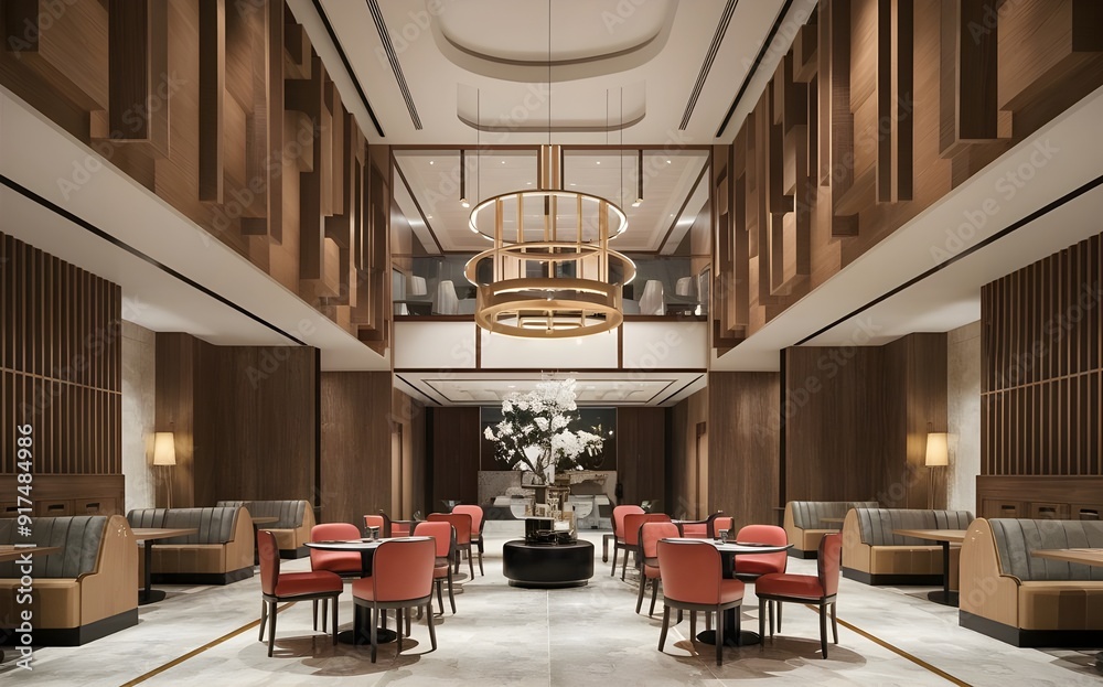Luxury Hotel Hall with Split-Level Design and Light Wooden Marble ...