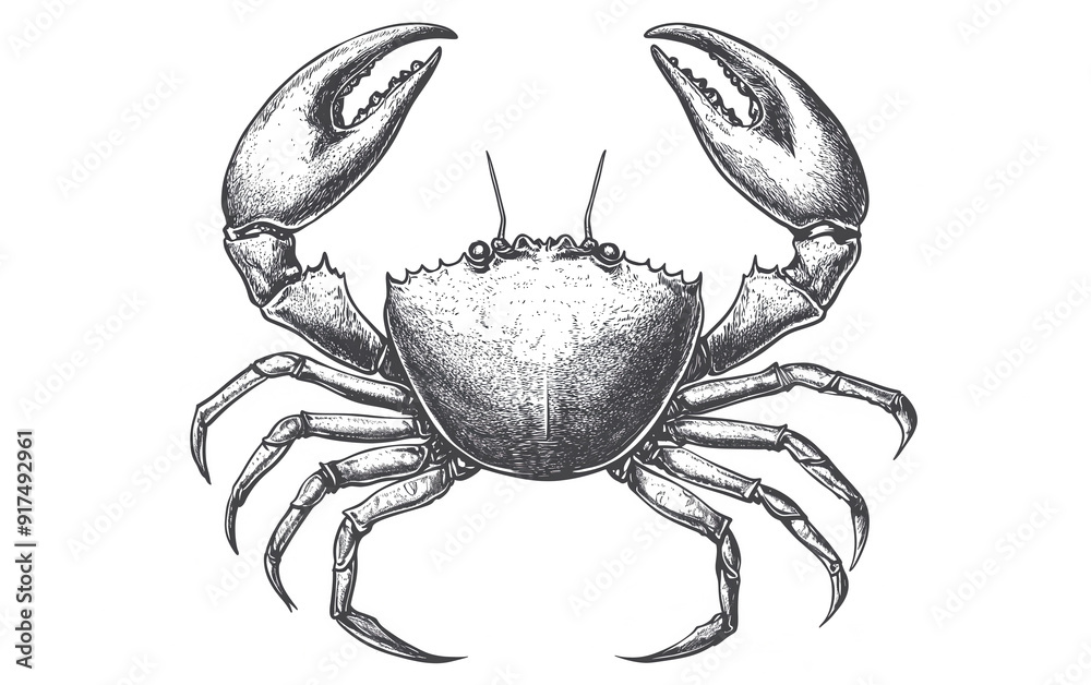 Seafood, crab. Vintage retro print, black white seafood crab sketch ink ...