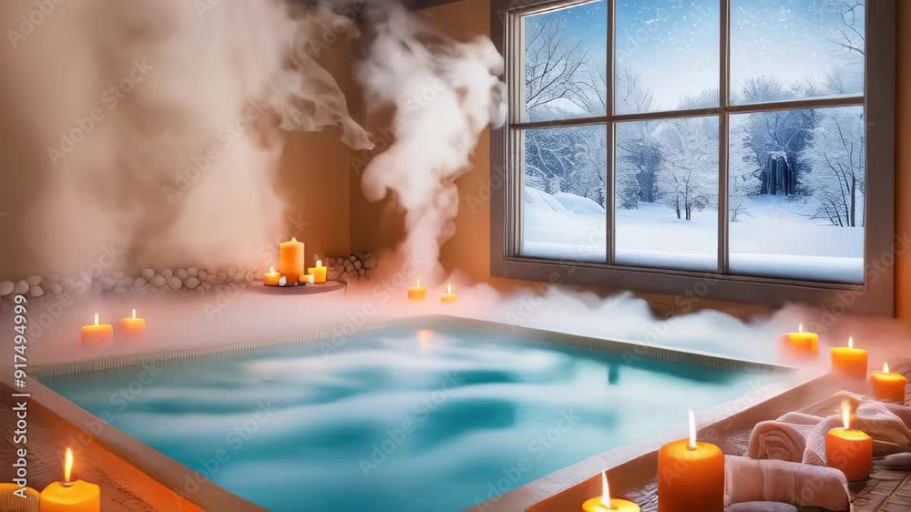 A cozy indoor spa with a steaming hot tub, lit candles and white folded ...