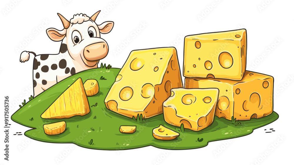 Cartoon cow with various types of cheese on grass background, dairy ...