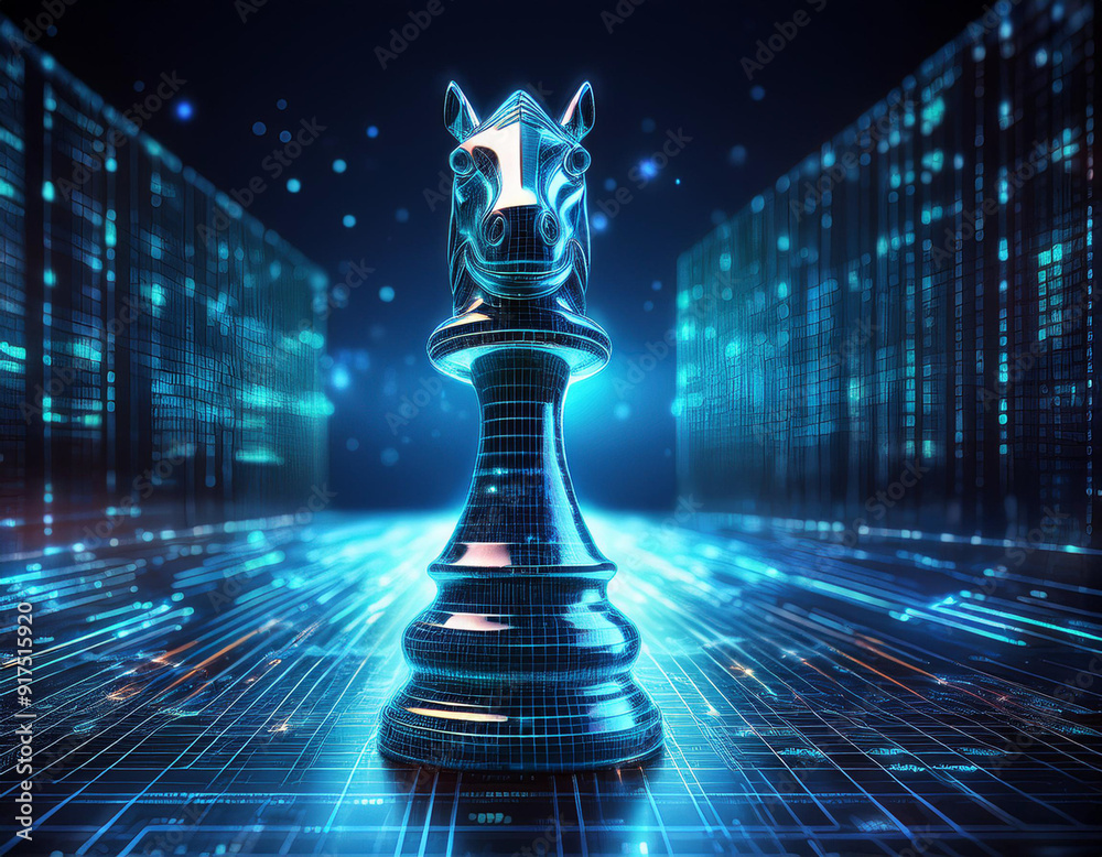 Knight Chess Piece Charging Forward on a Grid of Binary Code with Futuristic Digital Theme Stock ...
