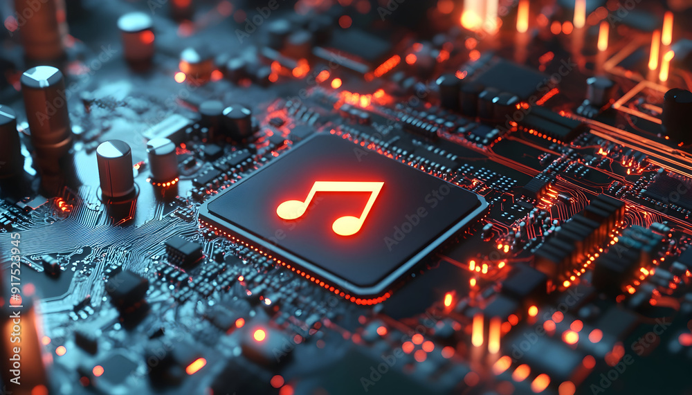 Illustration of an audio technology concept with a music symbol on a ...