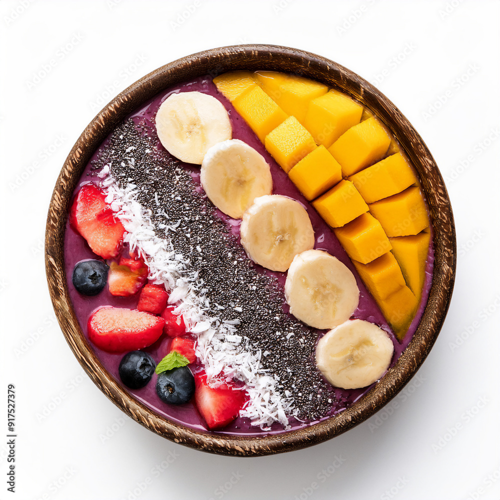 Breakfast acai bowl with coconut and tropical fruits isolated on white ...