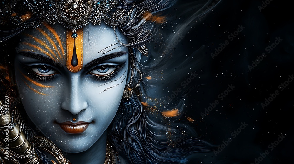 ภาพประกอบสต็อก Artistic portrayal of Lord Krishna with a divine halo ...