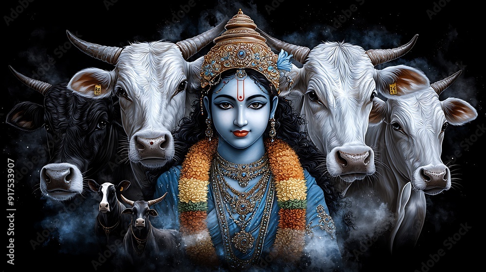 Artistic portrayal of Lord Krishna in his avatar as the divine cowherd ...