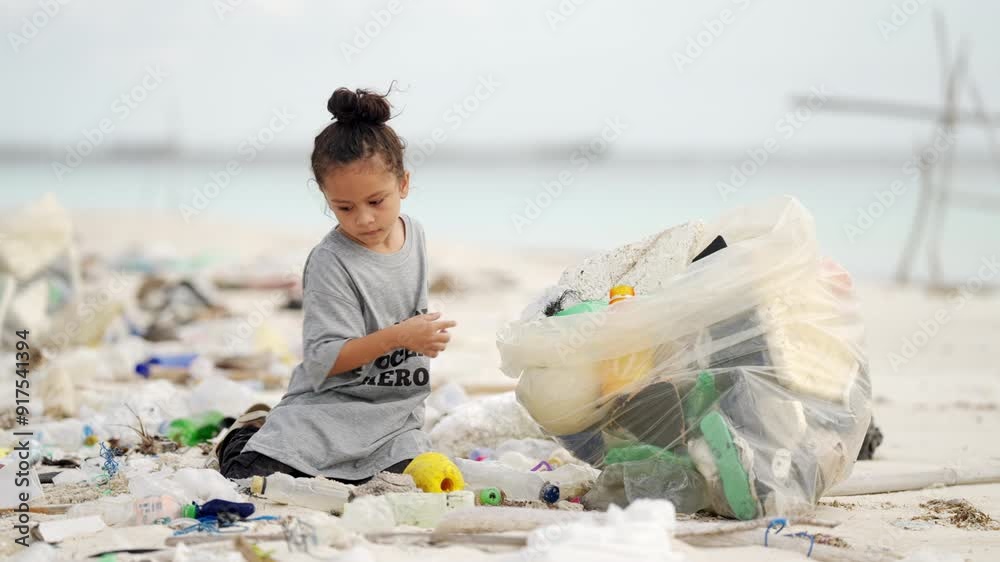 Elementary boy child collecting plastic trash into garbage bag on white ...