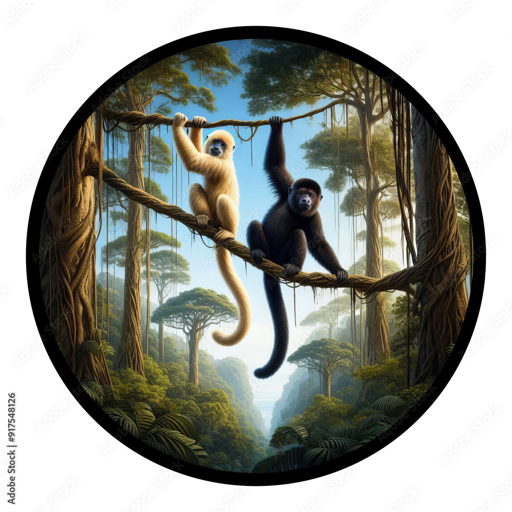 A circular 3D rendered watercolor painting of a male and female Howler ...