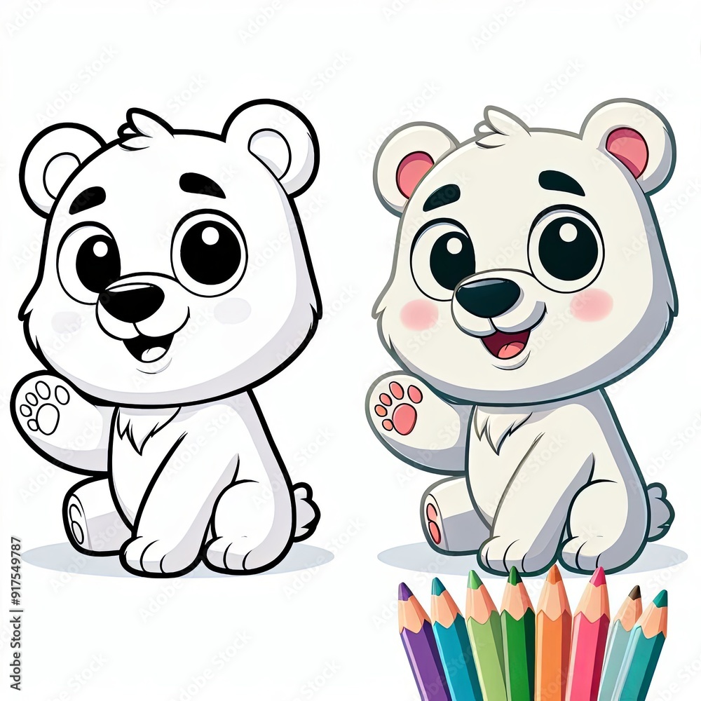 Adorable cartoon polar bear duo, one monochrome and one colorful ...