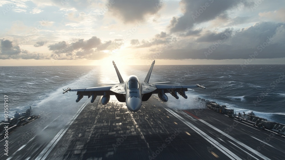 A sleek fighter jet taking off from an aircraft carrier at sea, with ...